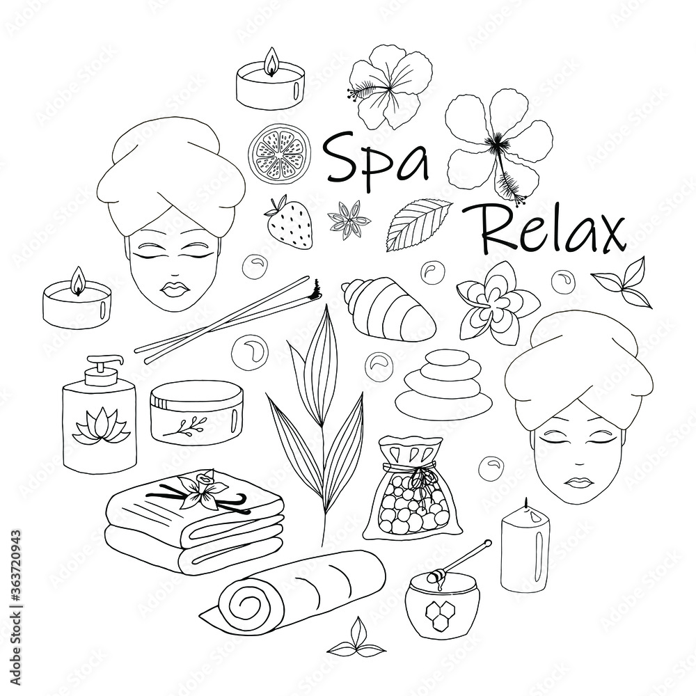 Spa relax. A set of items for body care. Simple outline drawing. Vector ...