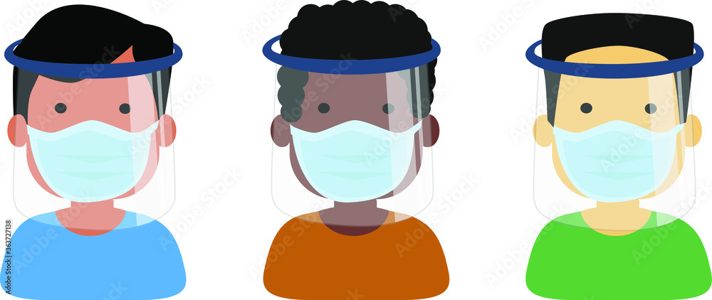 Small kids with facemask and face shield protection - isolated Stock ...
