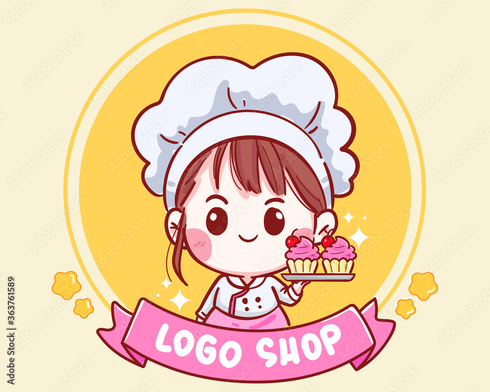 Cute Chef girl smiling cartoon art holding Cake Cherry illustration ...