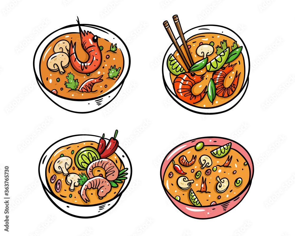 Tom Yum set. Cartoon vector illustration. Isolated on white background ...