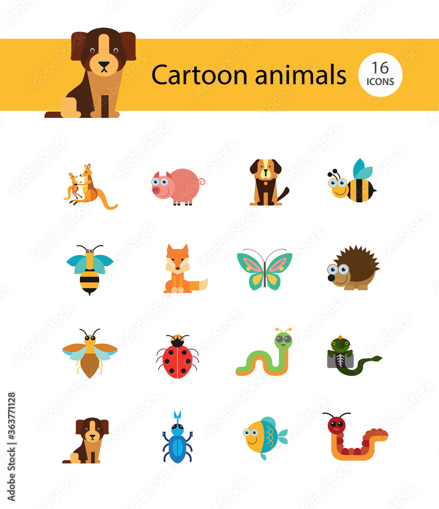 Cartoon animals icons set. Kangaroo, pig, bat, bee, fish. Fauna concept ...