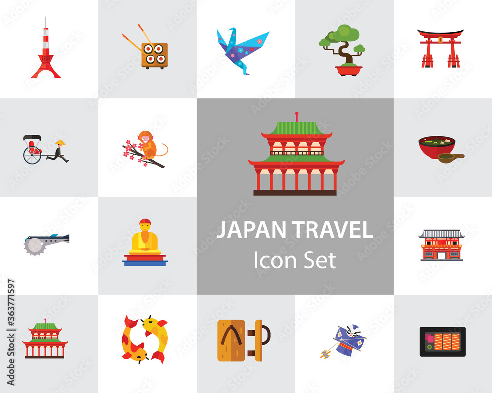 Japan Travel Icon Set. Fuji Mountain Japanese Rickshaw Miso Soup ...