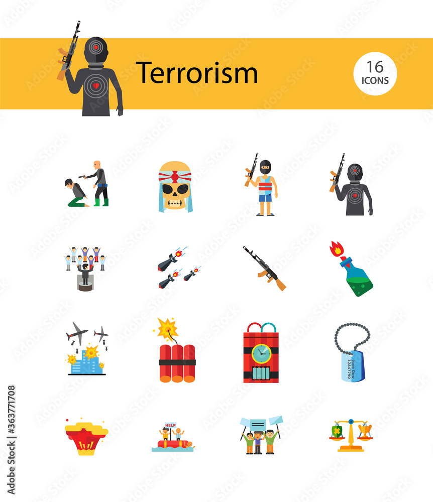 Terrorism Icon Set. Kamikaze Fire Cocktail Dynamite Army Tags Hostage ...