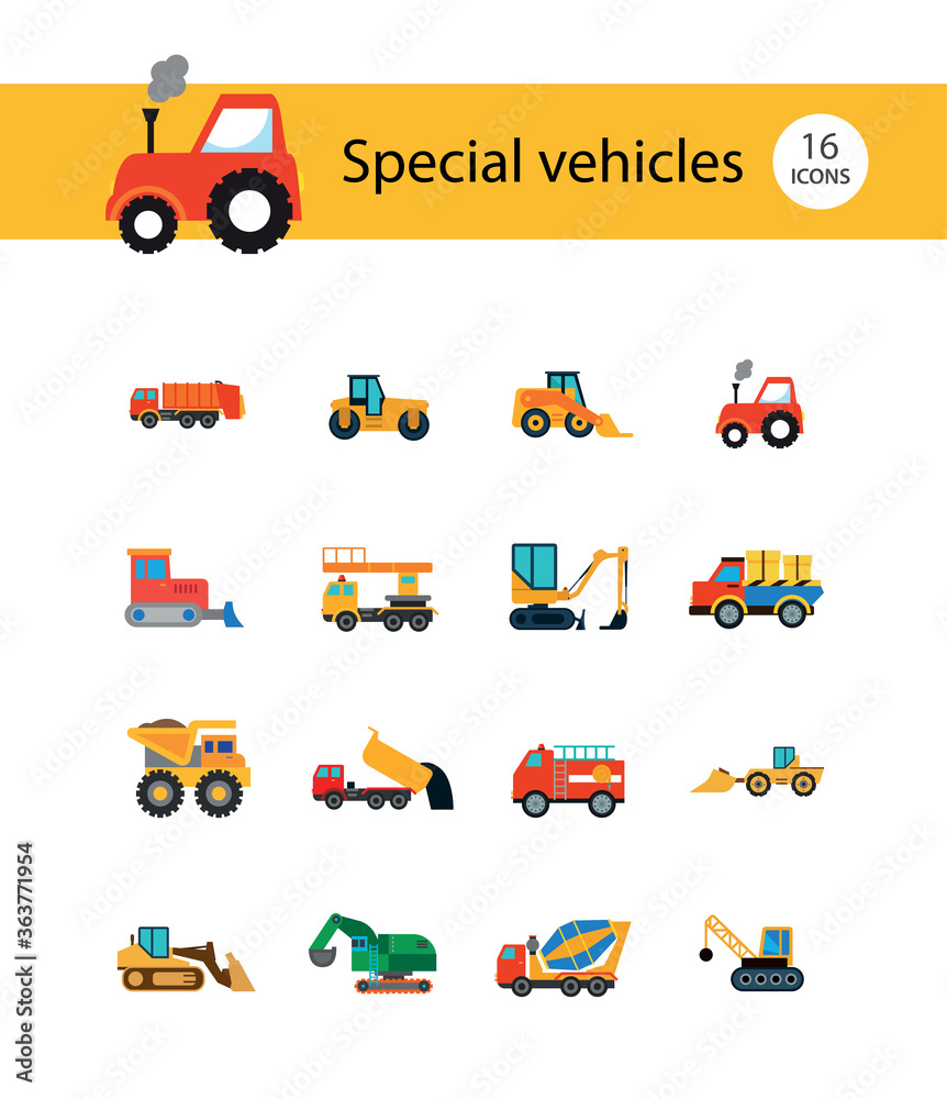 Special vehicles icon set. Skid loader, tractor, industrial elevator ...