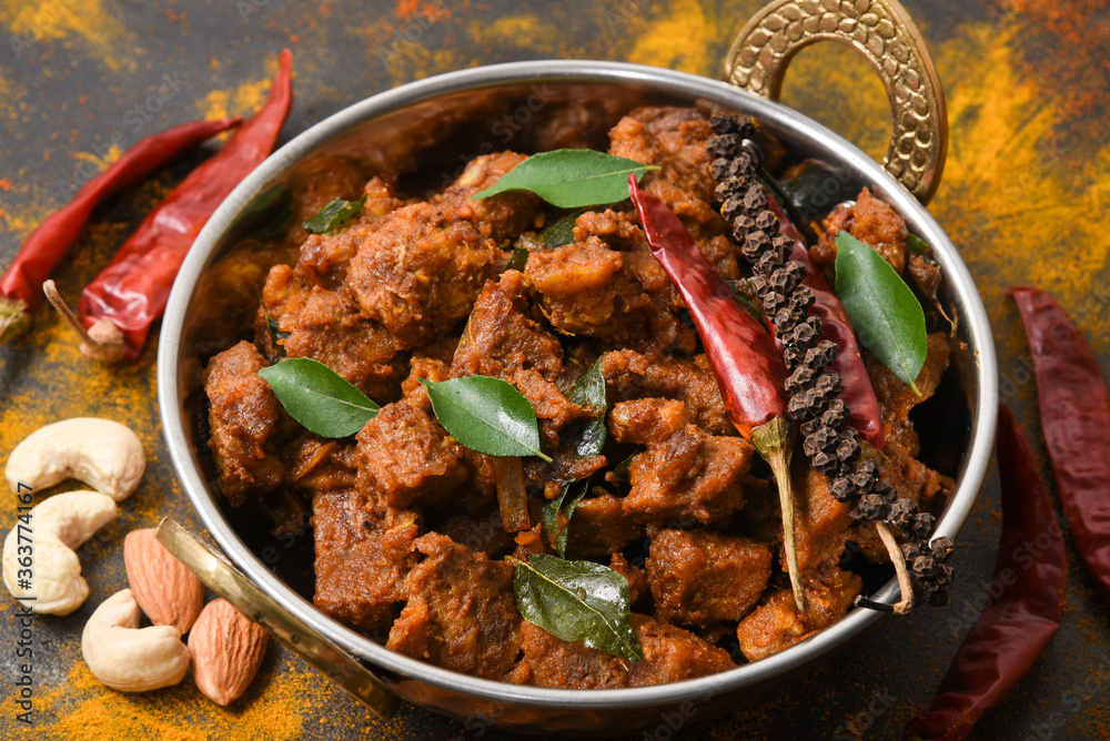 Beef fry curry roast mutton curry meat dish Kerala, India. Hot and ...