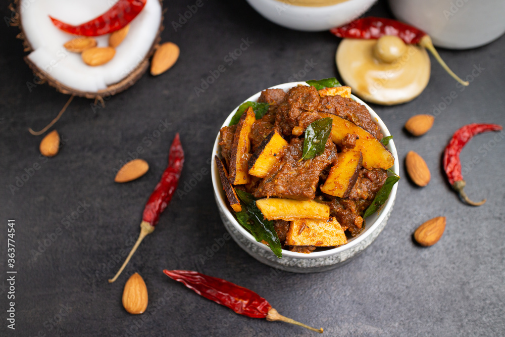 Beef fry curry roast mutton curry meat dish Kerala, India. Hot and ...