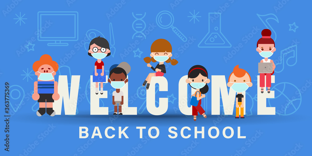 Kids wearing face mask during Covid-19 pandemic. Back to school banner ...