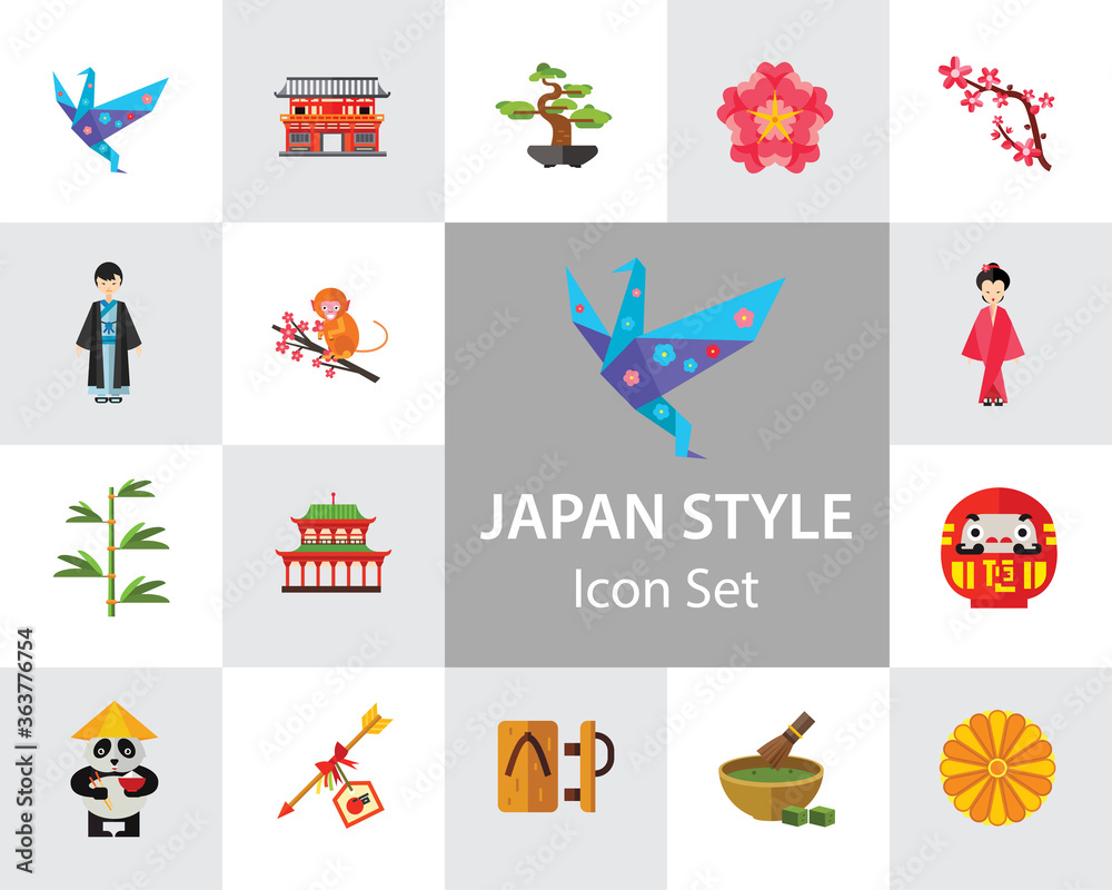 Japan Style Icon Set. Japanese Umbrella Bamboo Daruma Doll Japanese ...