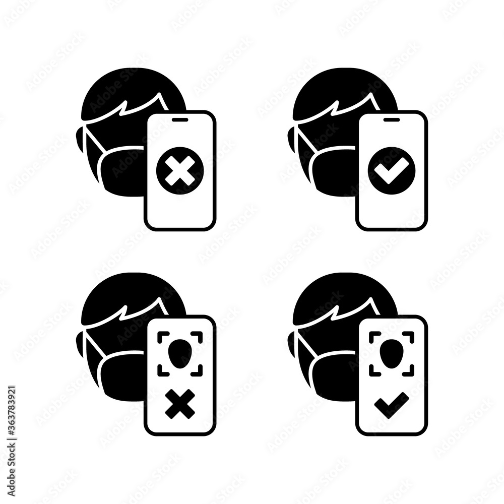 Silhouette Facial recognition system for medical mask icon set. Outline ...