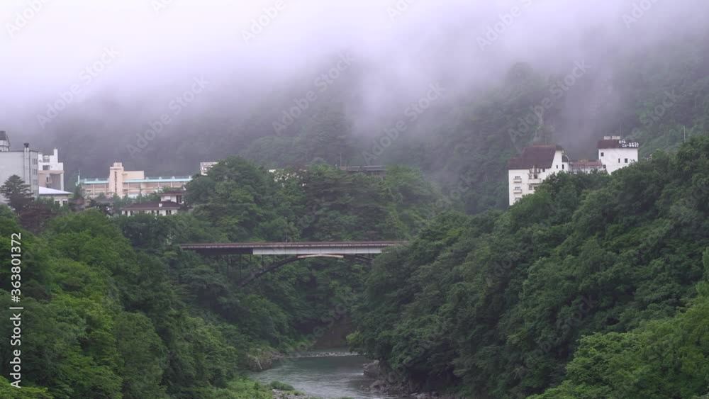View Out On A Foggy Day In Kinugawa Onsen, Valley, And River In Nikko ...