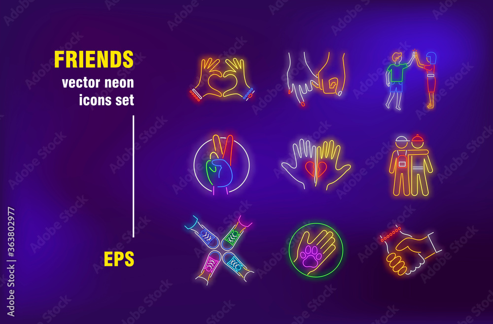 Friends neon signs set. Friendship symbols and hand gestures, hug ...