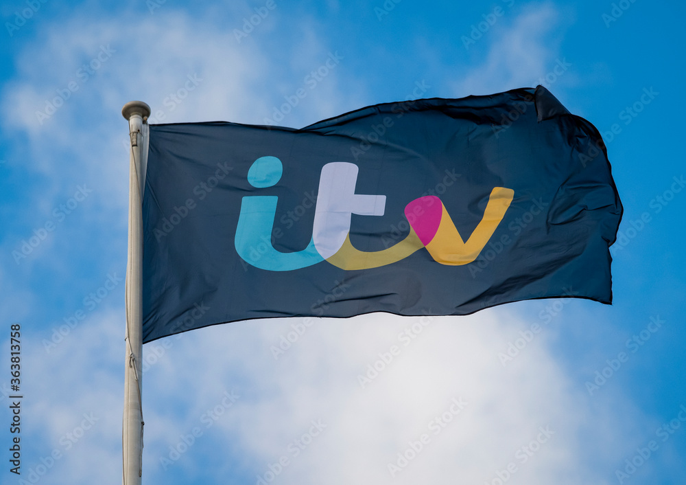 London, England - January 19, 2018: A Flag bearing the ITV logo flies ...