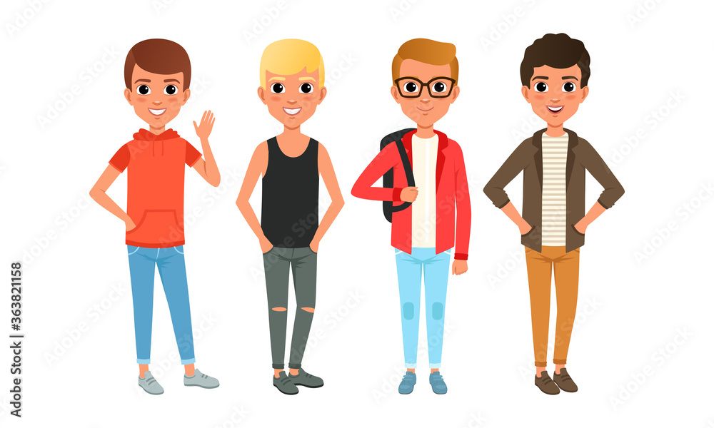 Four Boys Dressed in Trendy Clothes Standing Together, Group of ...