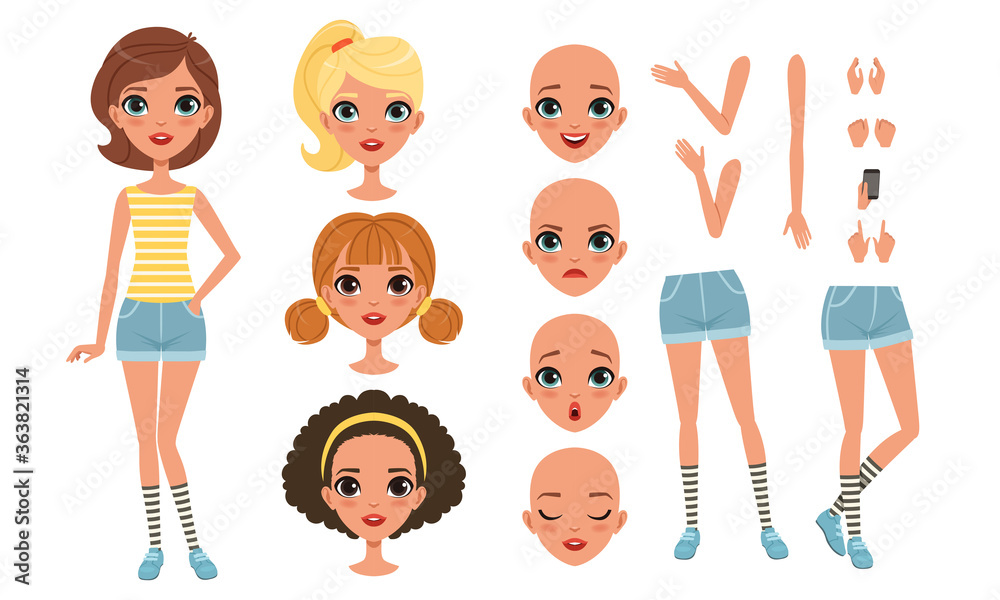 Cute Girl Constructor for Animation, Front View of Female Character in ...