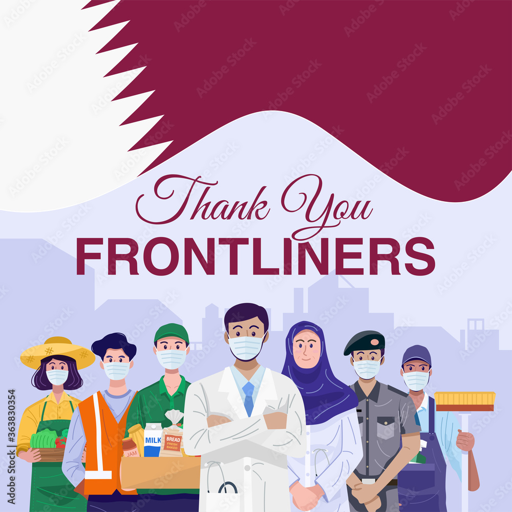 Thank you frontliners. Various occupations people standing with flag of ...