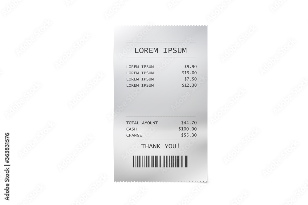 Realistic paper receipt, check and payment bill printed on rolled and ...