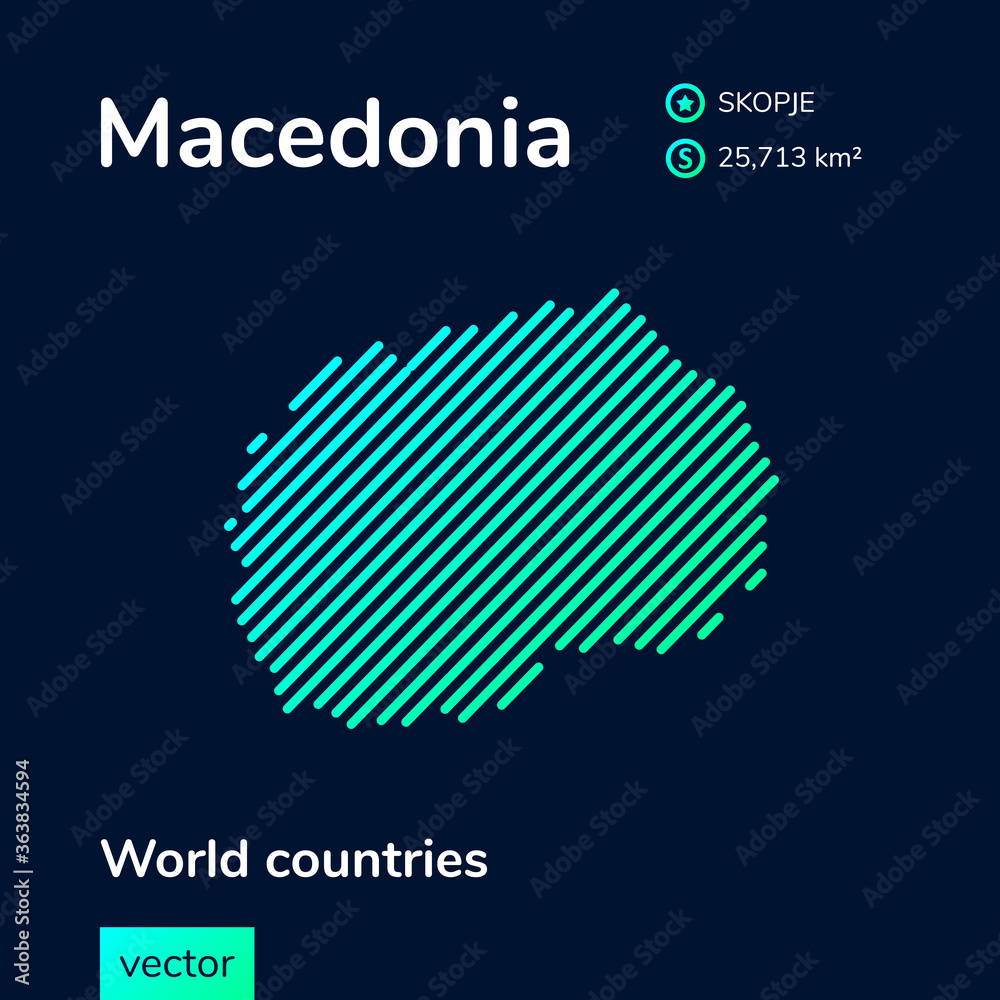 Flat vector Macedonia map in turquoise colors on a dark blue background ...