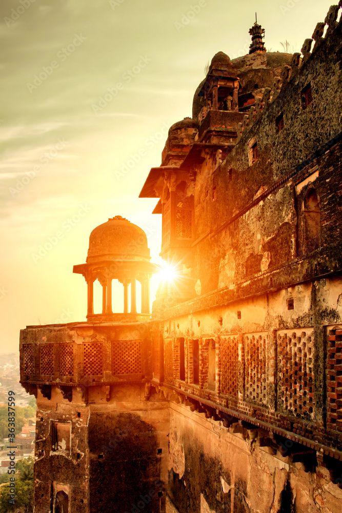 View of Datia Palace. Also known as Bir Singh Palace or Bir Singh Dev ...