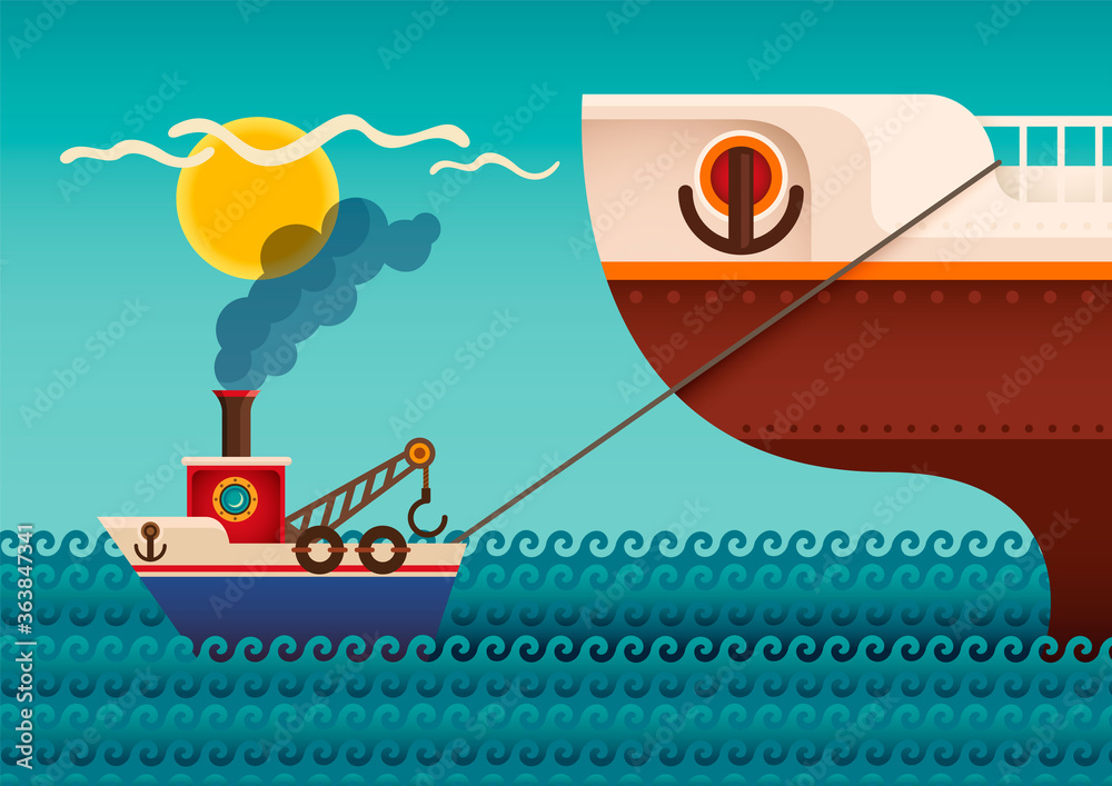 Cartoon style tugboat pulling giant ship. Vector illustration. vector ...