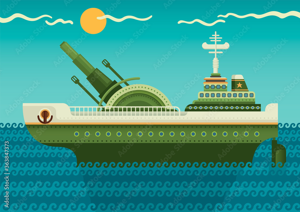 Cartoon style military ship on the sea. Vector illustration. Stock ...