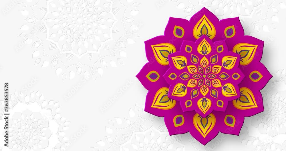 Rotating Indian Rangoli for Diwali festival of lights. Bright purple ...