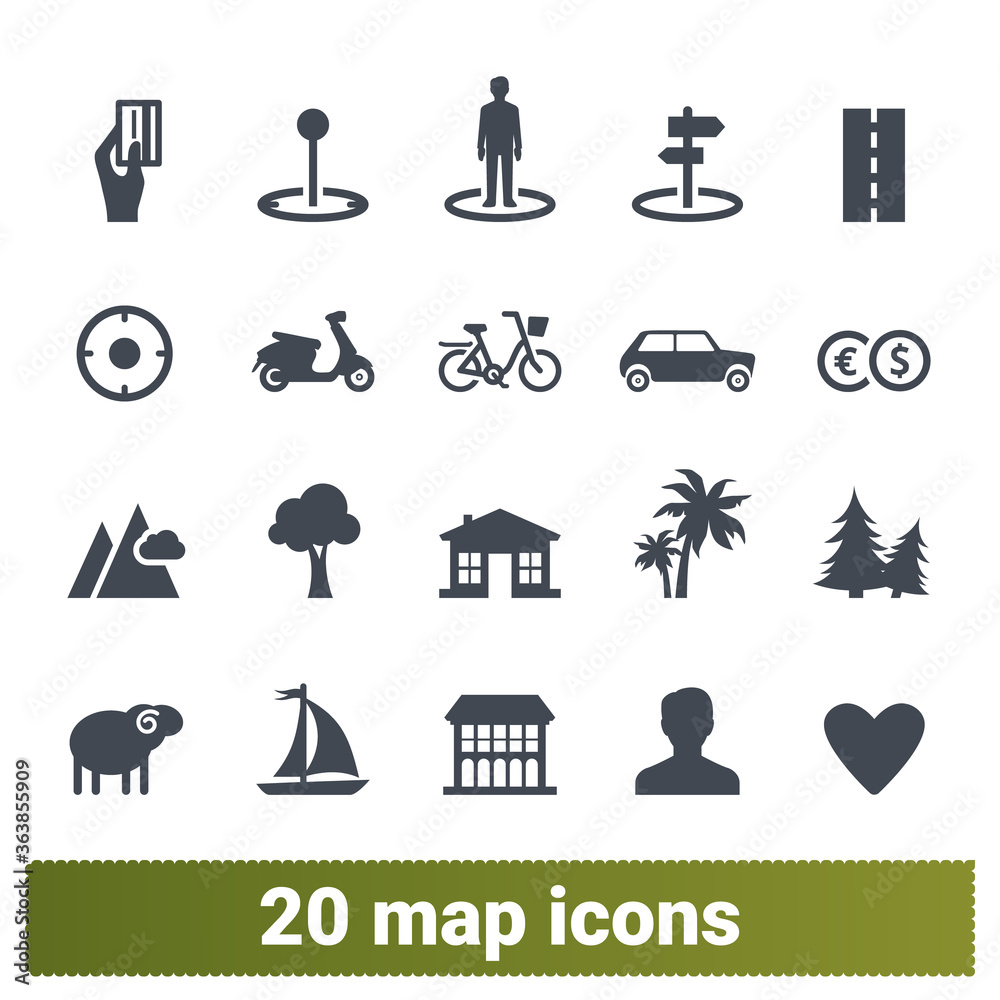 Map, traveling, transportation, vacation vector icons set. Location ...