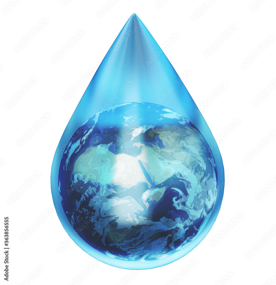 World globe map in a water drop isolated on white. Ecology symbol. 3D ...