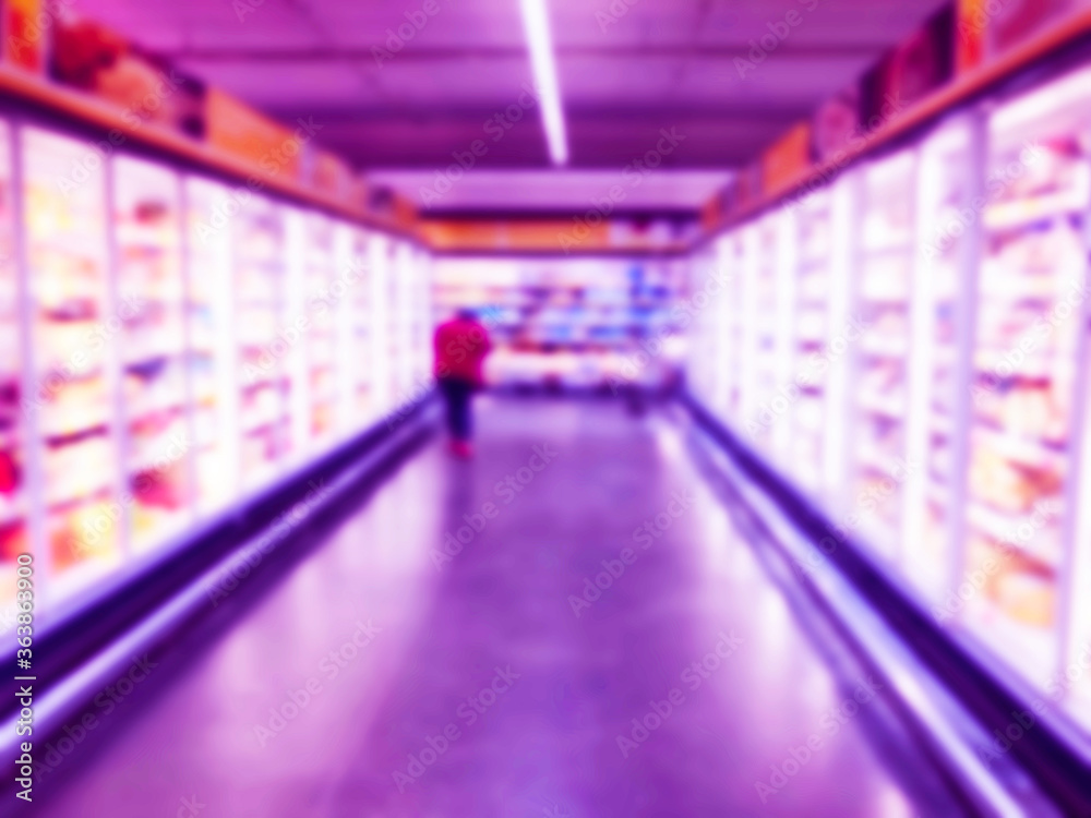 Abstract blurred supermarket store and refrigerators in department ...