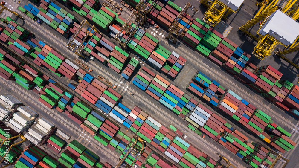 Aerial view of area with stacked containers at the port, Top view stack ...