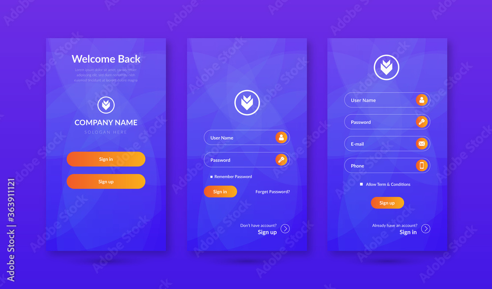 Sign in & Sign up screens ui kit for Mobile App Template Stock Vector ...