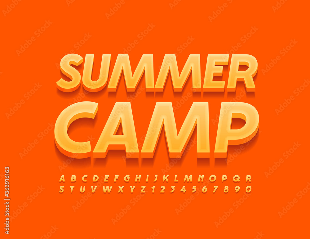 Vector bright logo Summer Camp. Modern Orange Font. 3D Sunny Alphabet ...