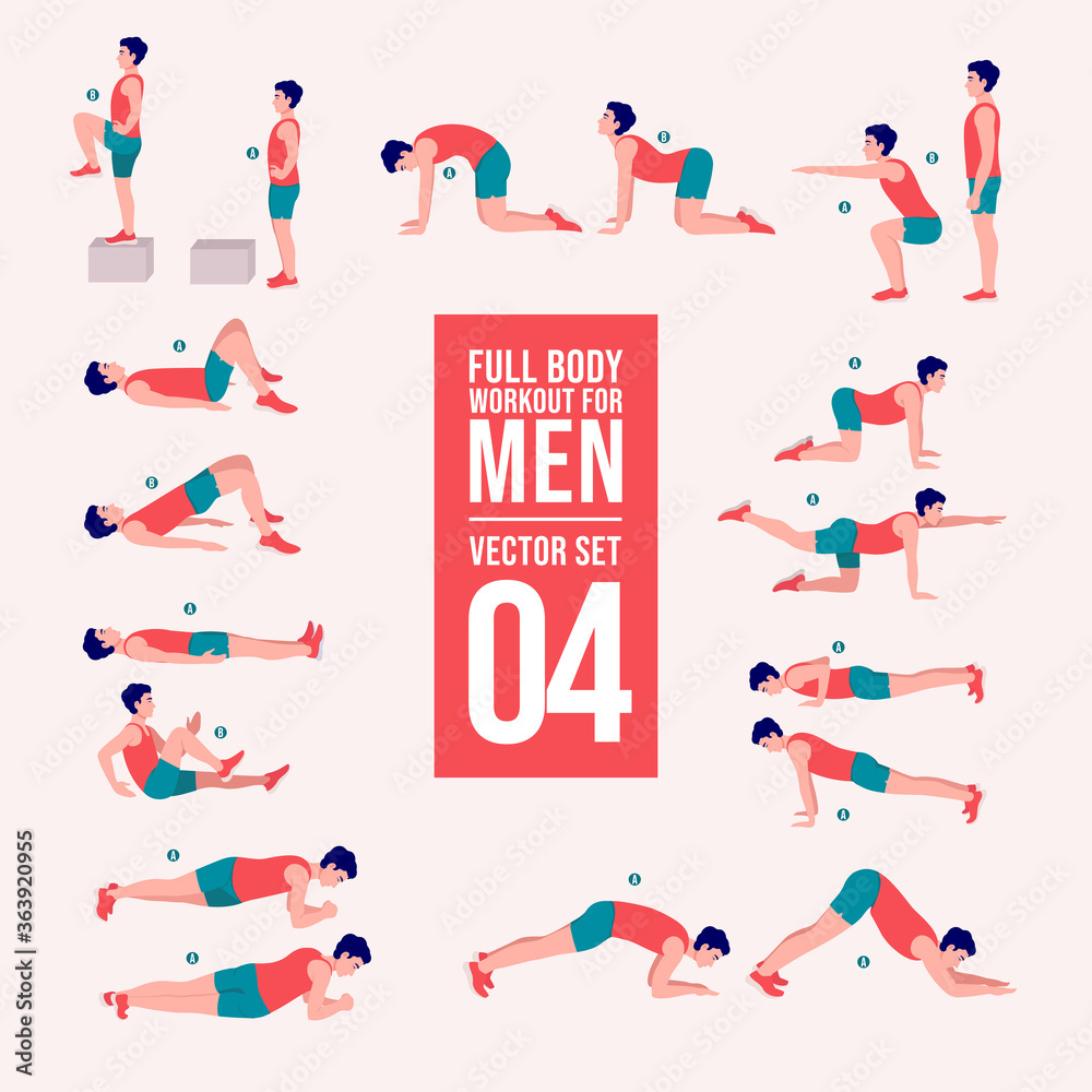 Workout men set. Male doing fitness and yoga exercises. Lunges and ...