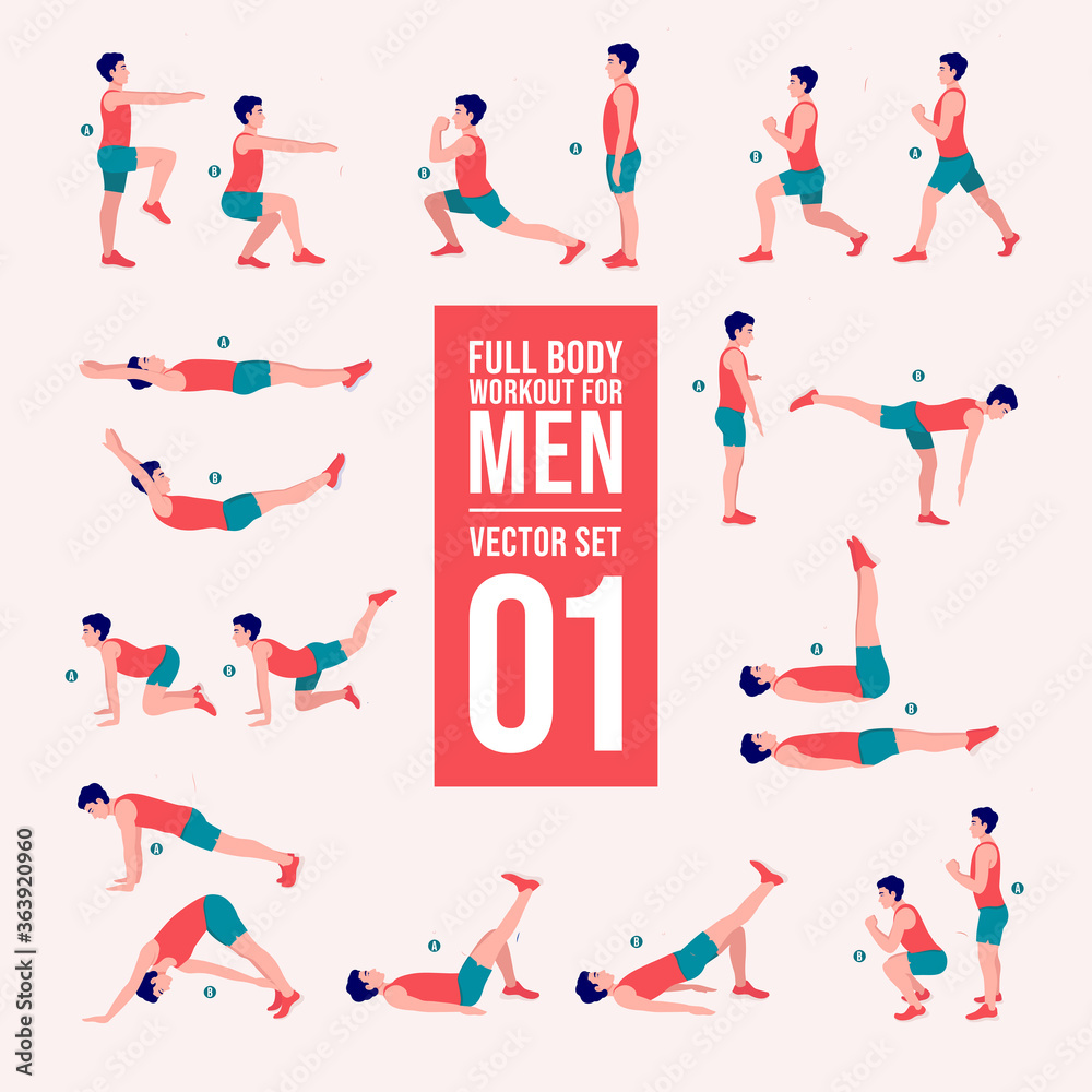 Workout men set. Male doing fitness and yoga exercises. Lunges and ...