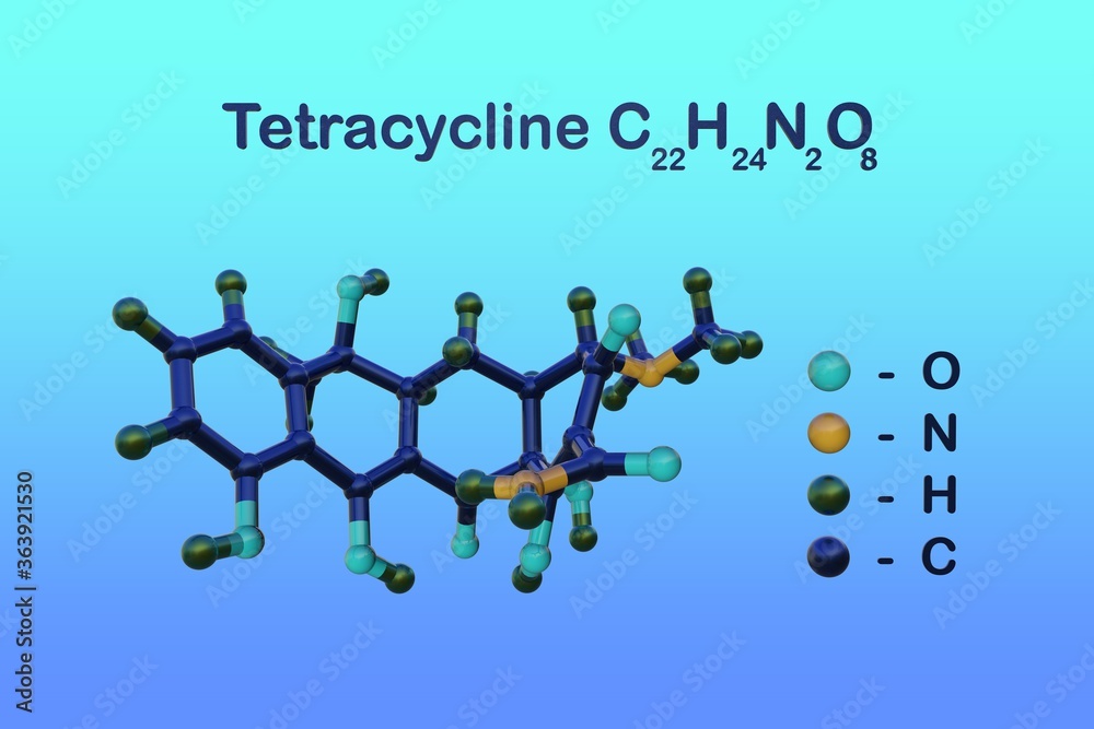 Structural chemical formula and molecular model of tetracycline, an ...
