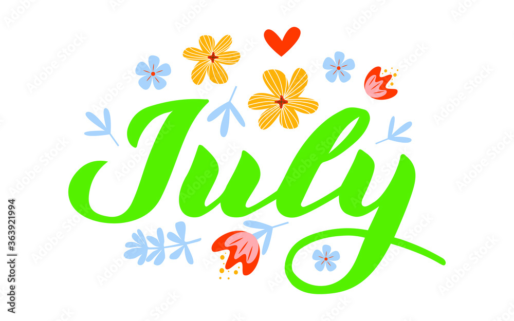 July month name. Handwritten lettering with flat flowers isolated on ...