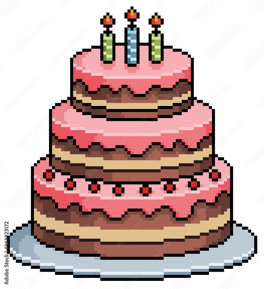 Pixel art birthday cake. 8bit game item on white background Stock ...