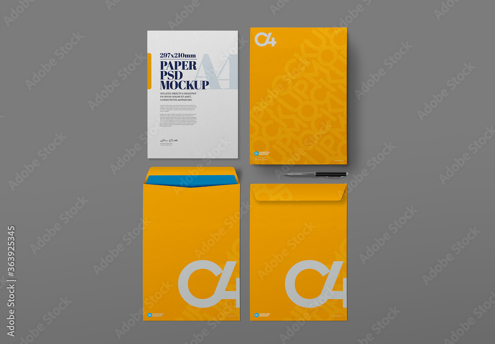 A4 Paper and C4 Envelopes Mockup Stock Template | Adobe Stock