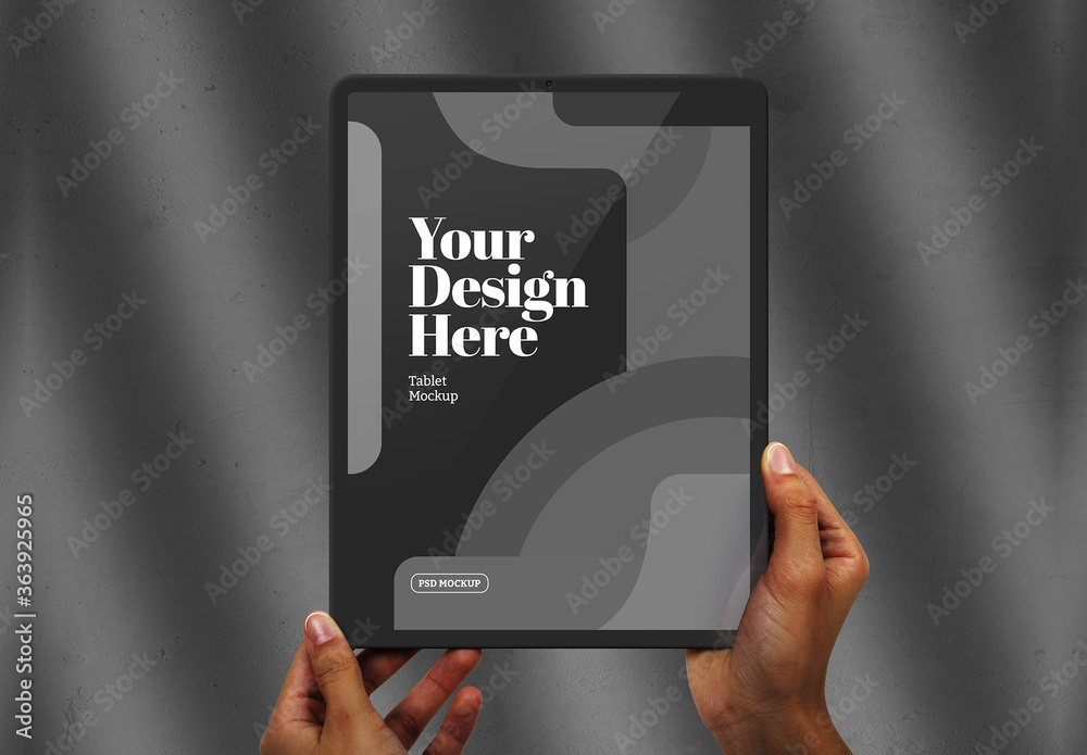 Hands Holding Black Minimal Tablet Mockup Stock Template | Adobe Stock