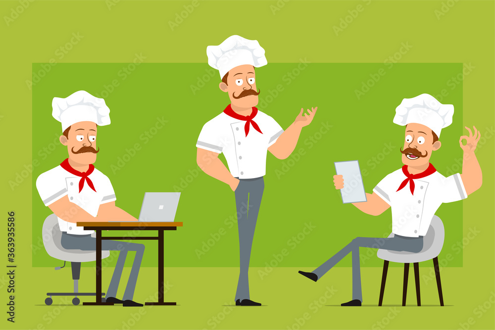 Cartoon flat strong chef cook man character in white uniform and baker ...