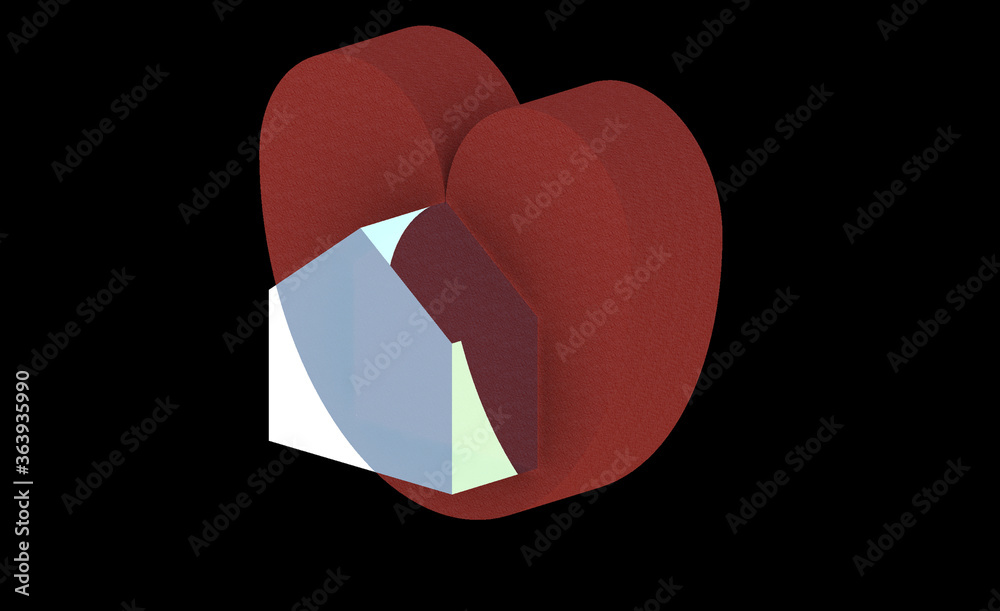 Home and heart as a concept with black background, transparent house ...