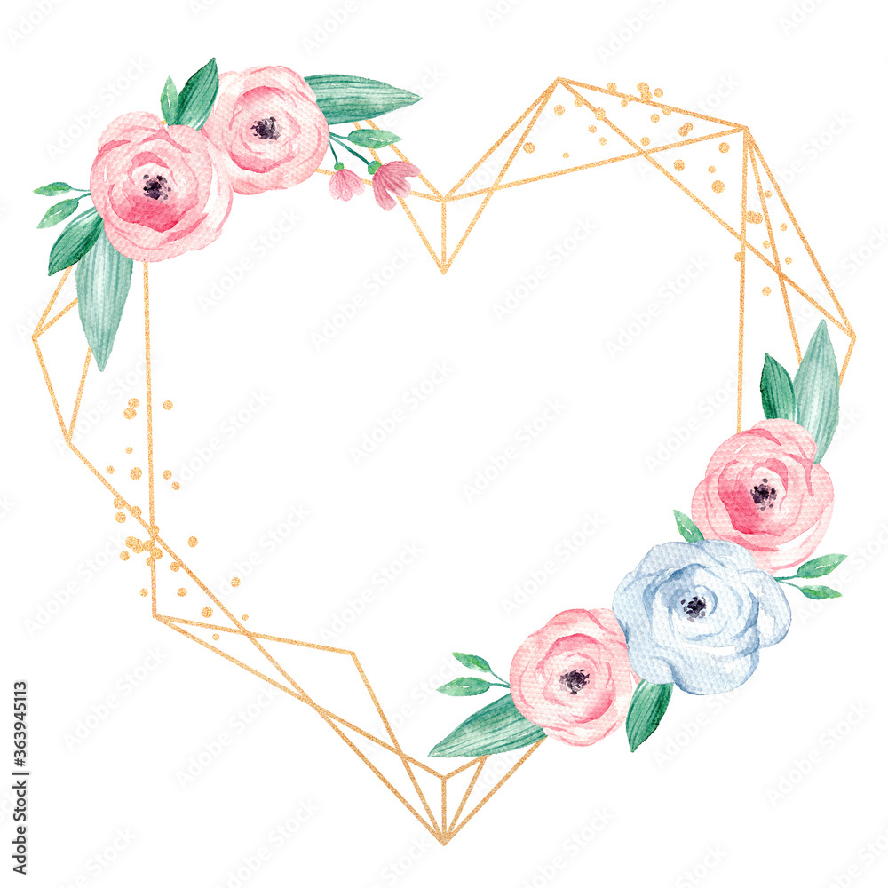 Watercolor geometric frame in heart shape with pastel flowers and ...