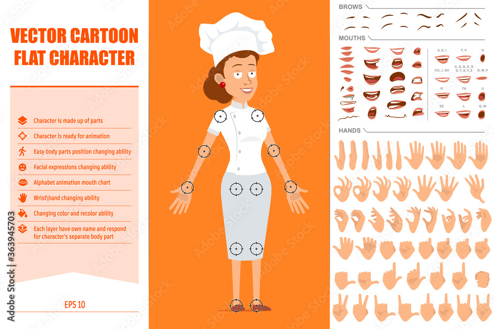 Cartoon flat chef cook woman character in white uniform and baker hat ...