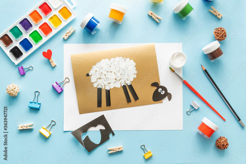 5 Diy Eid al adha lamb sheep baby craft on blue background. Gift idea ...