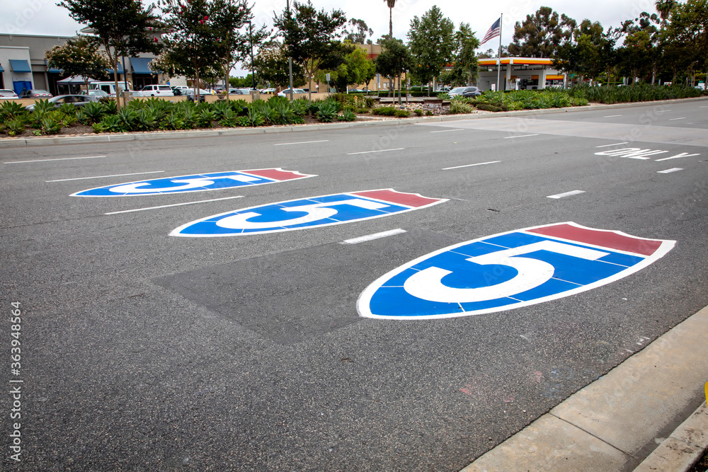 Three Road signs on asphalt for the Interstate 5 freeway Stock Photo ...