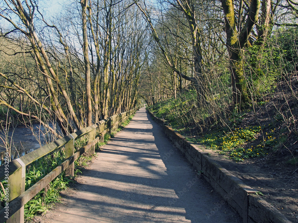 perspective view of a long straight pathway running alongside a river ...