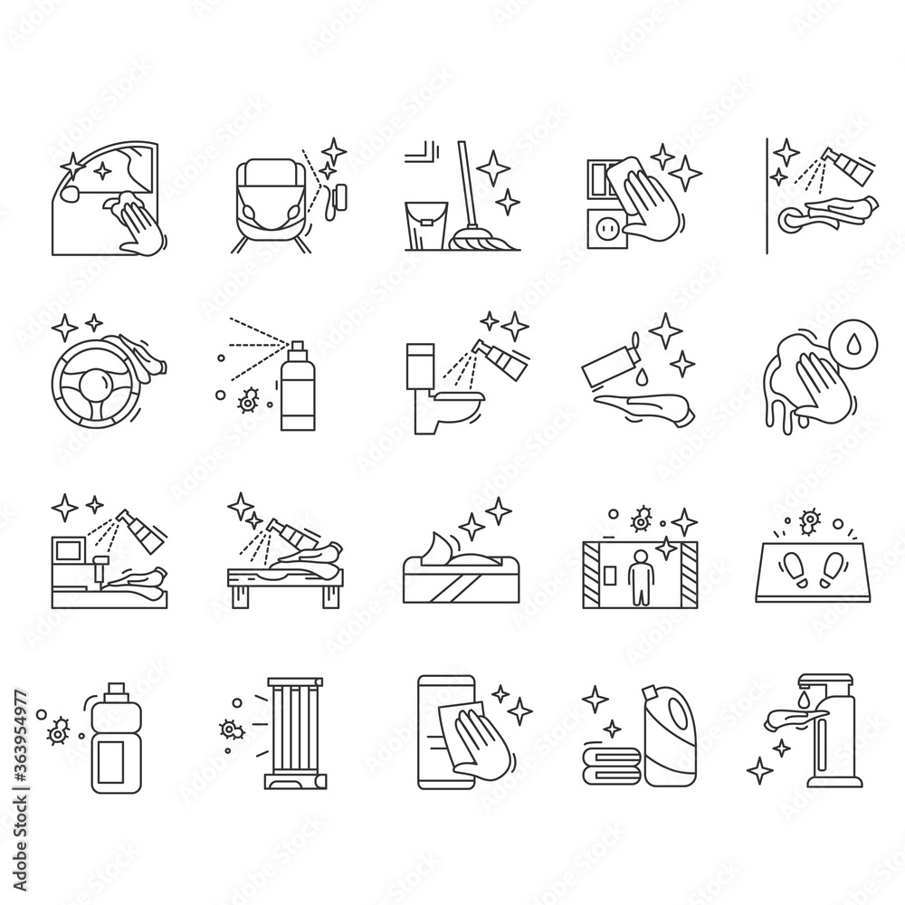 Surface disinfection icons set.Housekeeping and leaning line pictograms ...