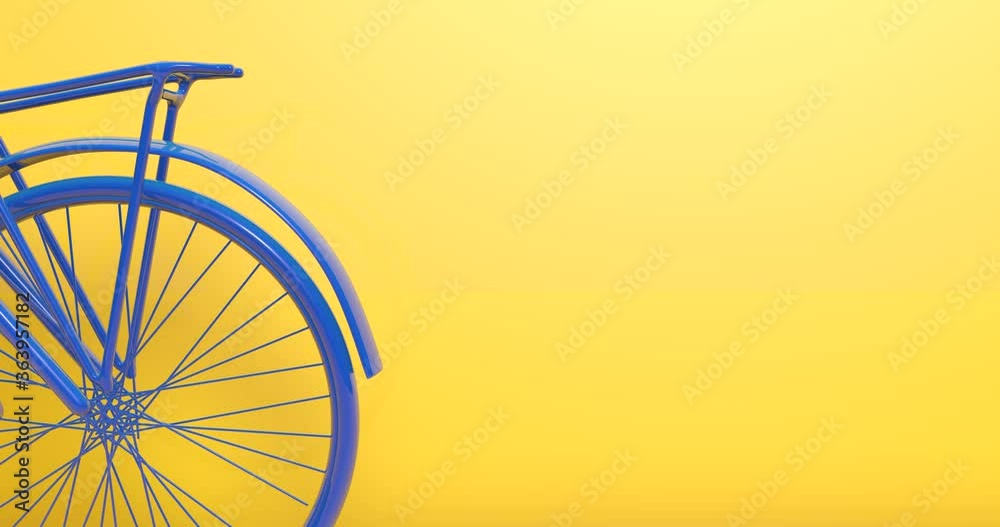 Presentation of a 3d blue bicycle on a yellow background, zoom effect ...