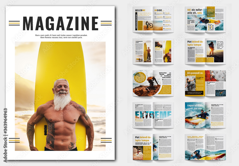 Magazine Layout with Orange Accents Stock Template | Adobe Stock