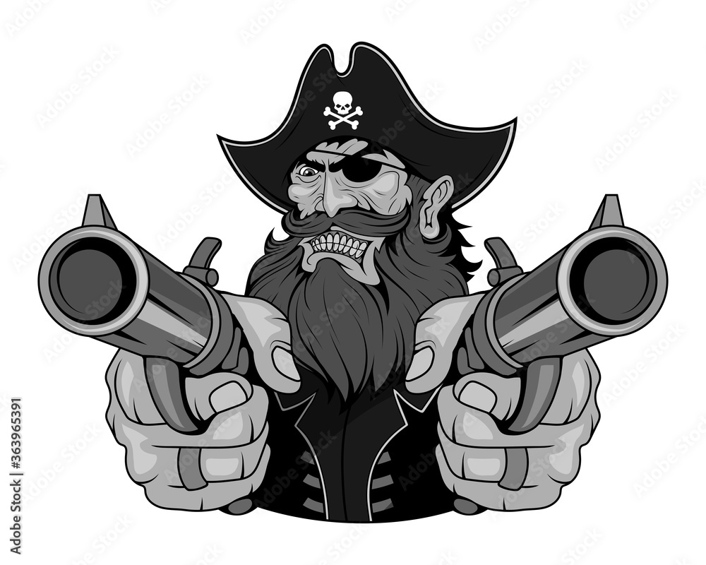 Bearded evil pirate. Revolver pirate. Captain logo. Pirate Eye ...