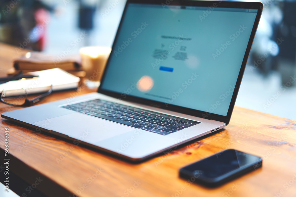 Image of working space and equipment of journalist open laptop computer ...